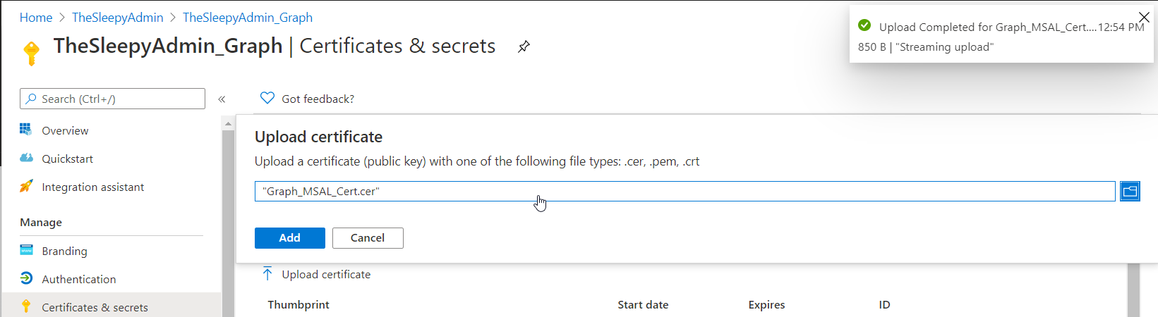 Connect to Microsoft Graph using MSAL and Certificate based Authentication – TheSleepyAdmins